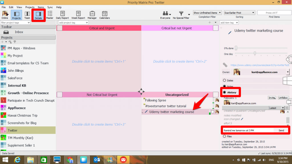 Set Reminder 1 - Priority Matrix Help
