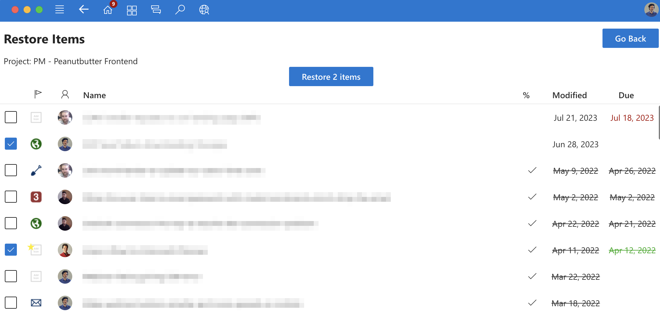 Select what items to restore from a PM project - Priority Matrix Help